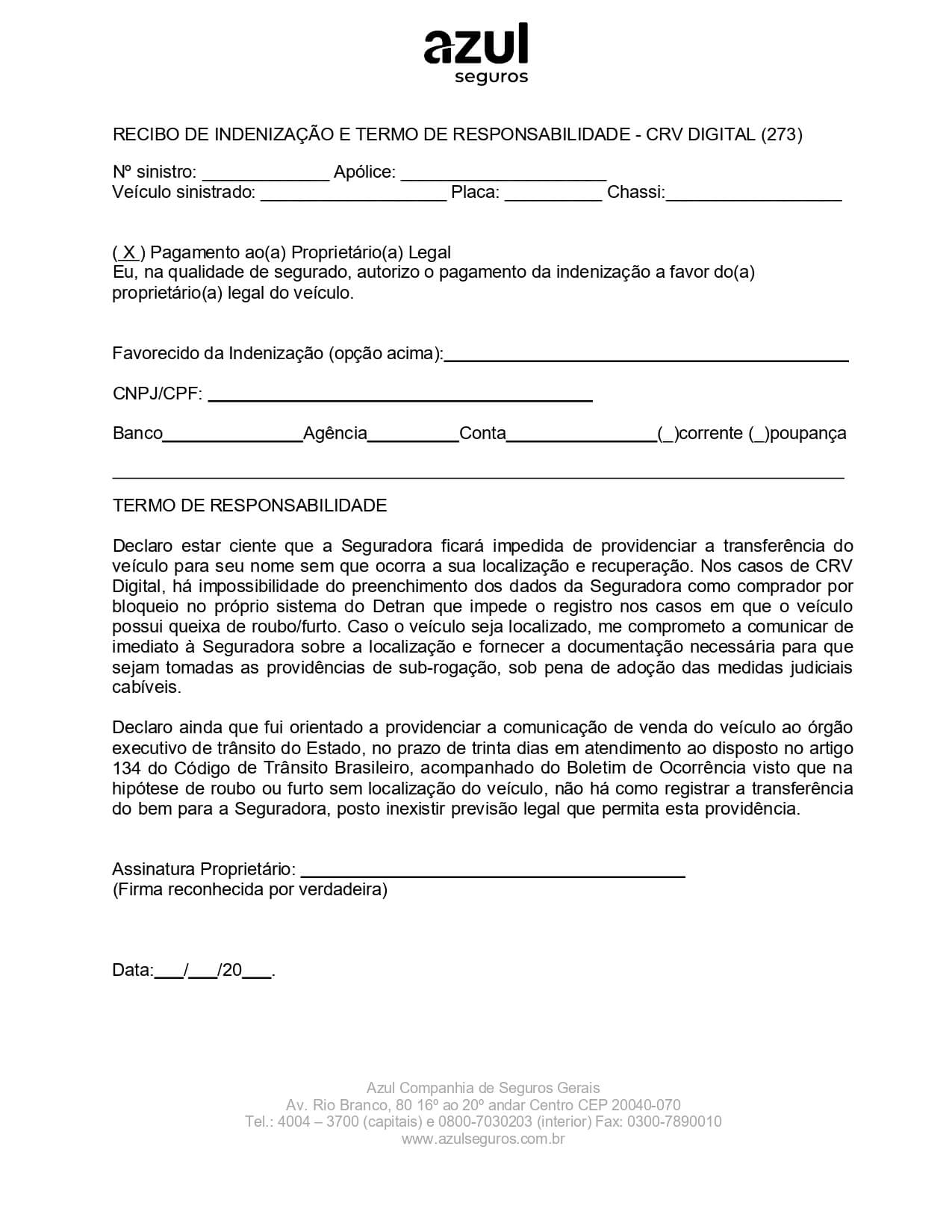 Termo de Responsabilidade - Azul Seguros